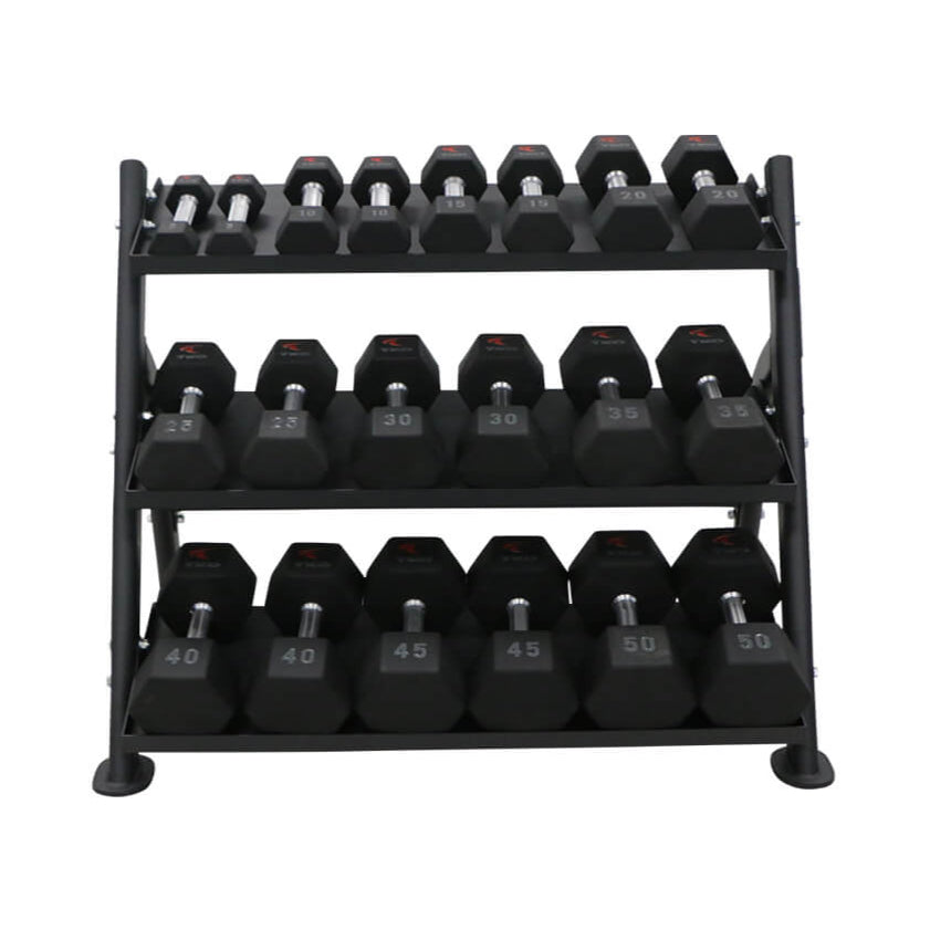 TKO 5-50lb Urethane Hex Tri-Grip Handle Dumbbells W/ 3 Tier Tray Rack ...